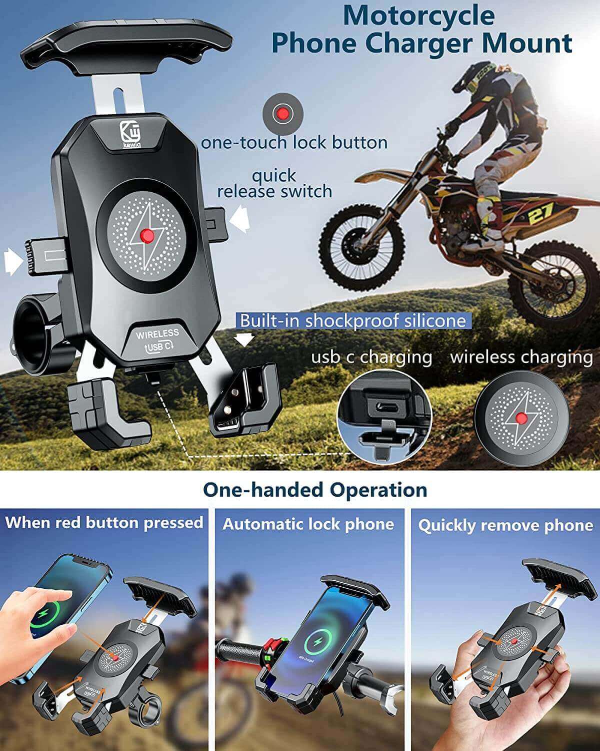 universal motorcycle phone holder with wireless charger+usb type-c charger